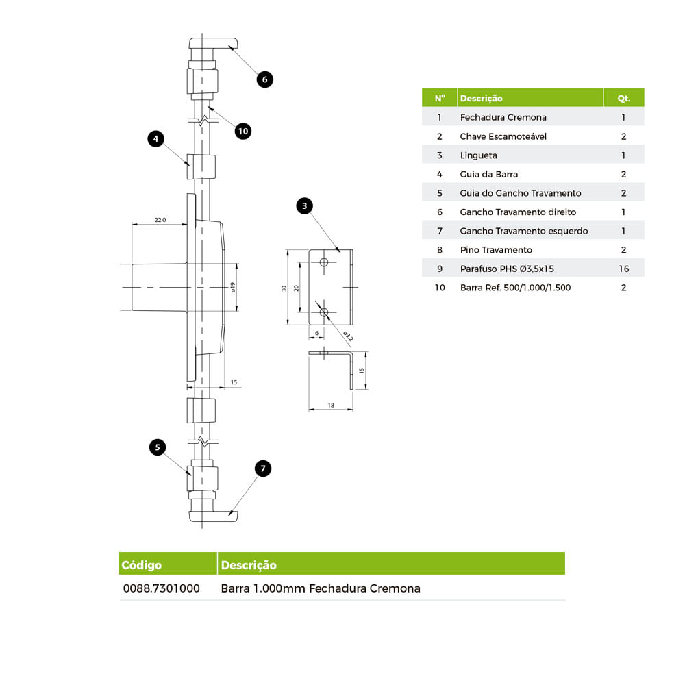 Barra para Fechadura Cremona 1000 mm FGVTN - varotti